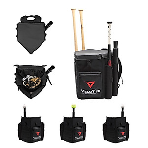 VeloTee | Home Plate Baseball & Softball Bat Bag | Softball and Baseball Coaches Bag | Baseball Bucket Backpack with Built in Batting Tee
