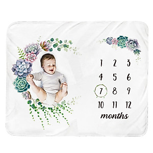 Baby Monthly Milestone Blanket Boy Girl - Succulent Plant Newborn Month Blanket Unisex Gender Neutral Personalized Shower Gift Boho Nursery Decor Photography Background Prop with Marker 51''x40''