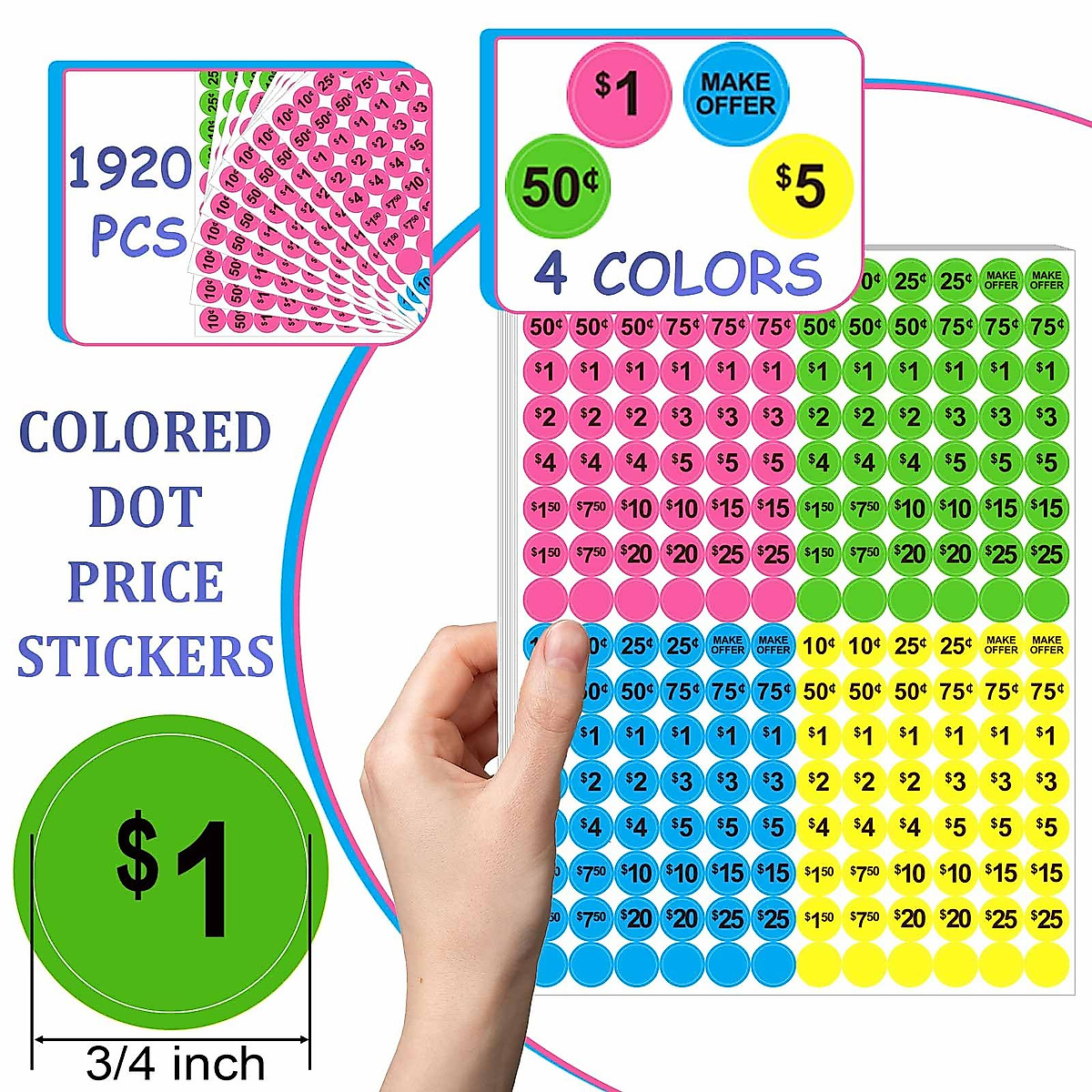 Dreecy 1920 PCS Yard Sale Price Stickers Garage Sale Pre-Priced Pricing Labels 3/4" Diameter Flea Market Pre-Printed Pricing Stickers for Retail,Bright Neon Colors (Pink Green Blue Yellow)