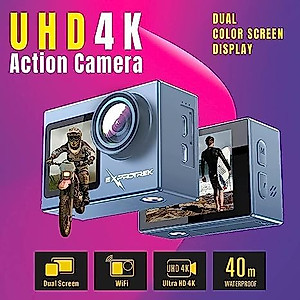 Exprotrek 4K Action Camera with Touch Screen, EIS Stabilization, 170 ° Ultra Wide Angle, 40 Meter Waterproof Underwater Camera, Remote Control Sports Camera with Helmet Accessory Set