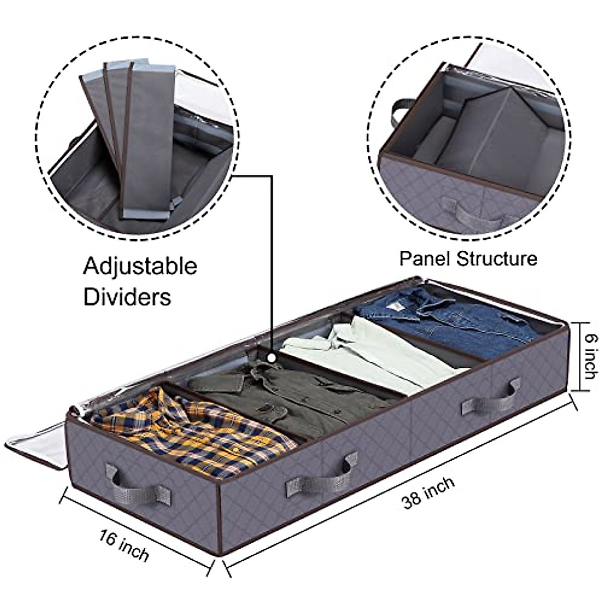 Anyoneer Under Bed Storage containers - Set of 2 - Sturdy Structure - Adjustable Dividers - Large Storage Bag with Sturdy Zipper - Reinforced Handle - 4 Clear Window for Clothing Shoes Blankets Comforters Clothes Sweaters Toys Gray