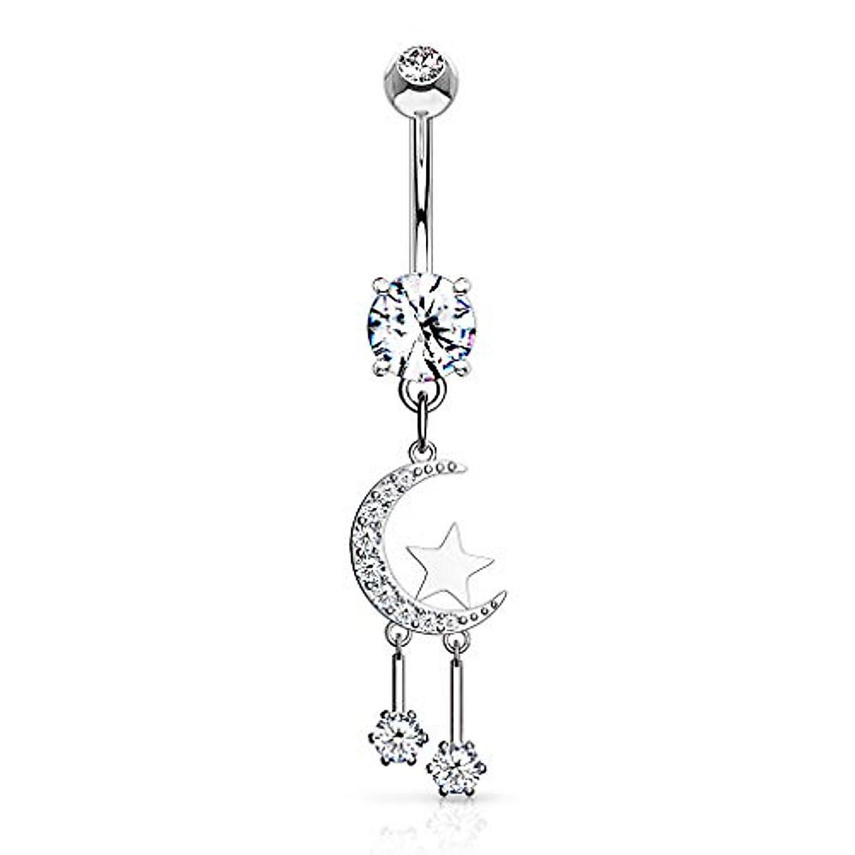 Pierced Owl 14GA Stainless Steel Crystal Paved Crescent Moon and Stars Dangling Belly Button Ring (Silver Tone)