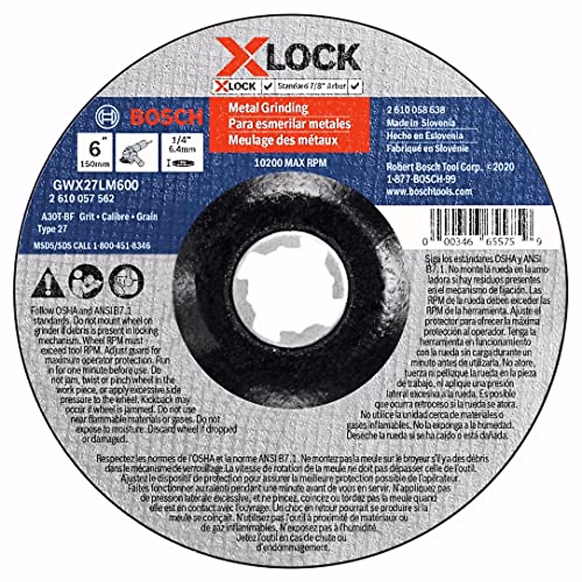 BOSCH GWX27LM600 6 In. x 1/4 In. X-LOCK Metal Grinding Abrasive Wheel 30 Grit Compatible with 7/8 In. Arbor Type 27 for Applications in Metal Grinding
