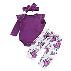 Aoswep Newborn Baby Girl Clothes, Infant Girl Outfits Long Sleeve Ruffle Romper + Floral Pants + Headband Set (9-12 Months,Purple)
