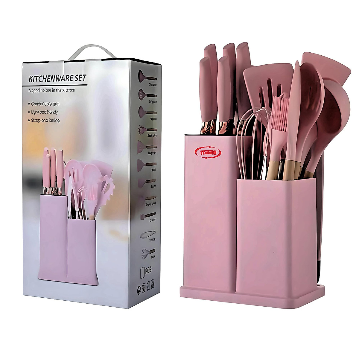 Cooking Utensils Set, 19-Piece Silicone Utensil and Knife Set with Block, Including 11 Silicone Utensils, 5 Stainless Steel Knives, Scissors, Kitchen Utensils Block and Cutting Board by ITZZO-Pink