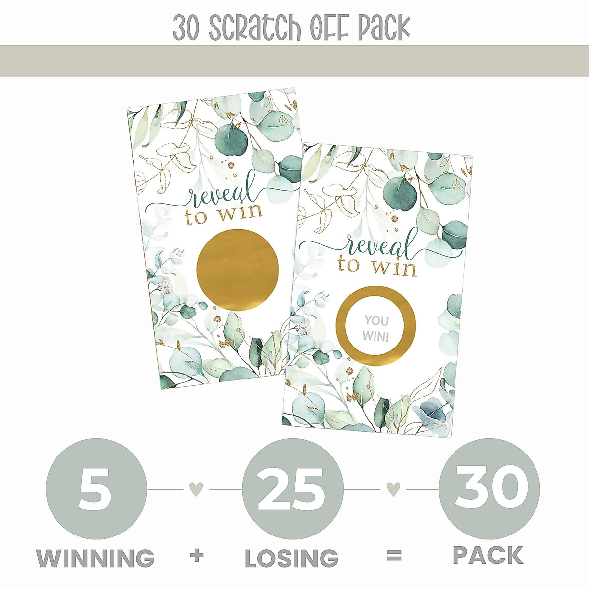 Gold & Greenery Scratch Off Game Cards (30 Pack) - Fun Bridal Shower Games, Modern Wedding Activities, Lottery Tickets for Door Prizes, Raffle Drawings, Instant Win Scratchers, Baby Shower Favors