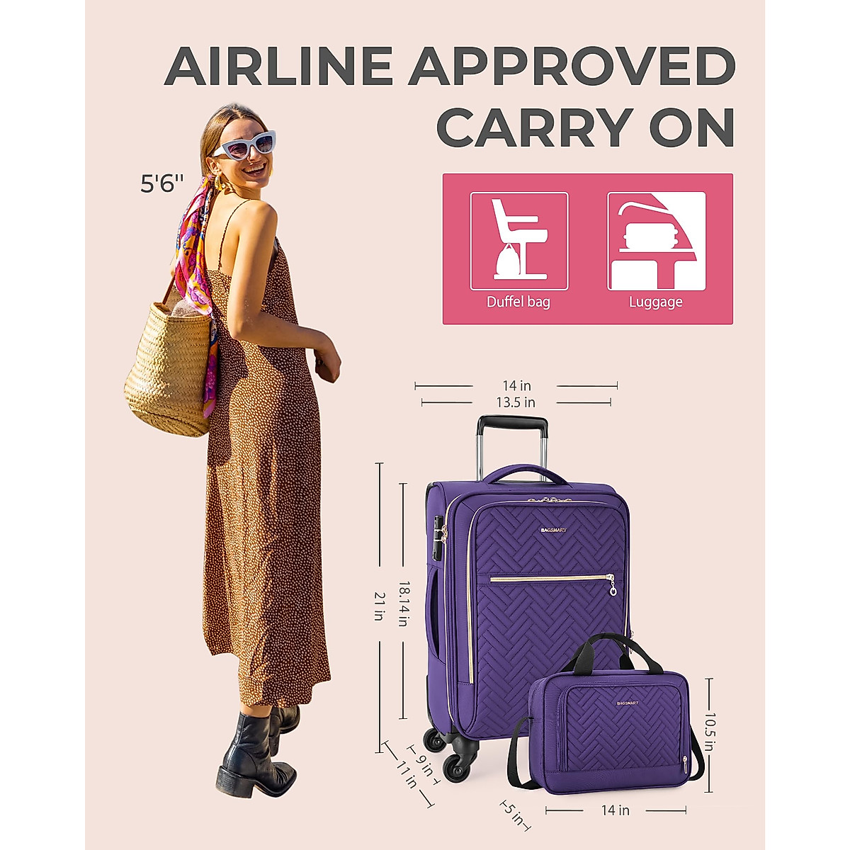 BAGSMART Carry On Luggage 20 Inch, Expandable Suitcase, Luggage with Duffel Airline Approved Rolling Softside Lightweight Suitcases with Front Pocket for Women Men, Carry-On Purple