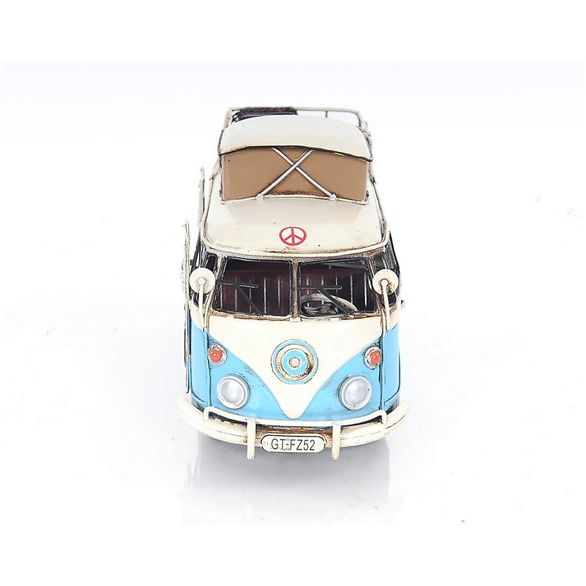 Old Modern Handicrafts Camp Bus Model with Rolling Wheels - 100% Handmade from Iron & Hand-Painted with Classic Blue & White Colors - 11.5L x 5.5W x 6H Inches