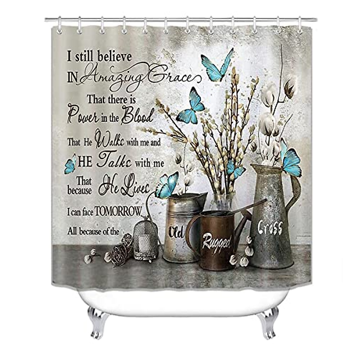 OLEBETY 4PCS/Set Inspirational Quotes Shower Curtain, Blue Butterfly White Cotton Flower Vintage Floral Country Rustic Farmhouse Bathroom Decor, Non-slip Bath Mat, Amazing Grace