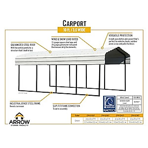 Arrow Shed 10' x 15' x 7' Carport Car Canopy with Galvanized Steel Horizontal Roof, Garage Shelter for Cars and Boats, Eggshell