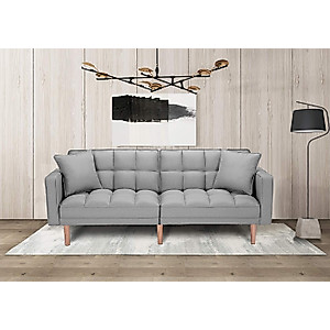 SLEERWAY Modern Futon Sofa Bed, Convertible Sleeper Sofa with Armrests and 2 Pillows, Recliner Couch with 5 Solid Wooden Legs, Twin Size Sofa for Living Room Handpicked Fabric (Light Grey)