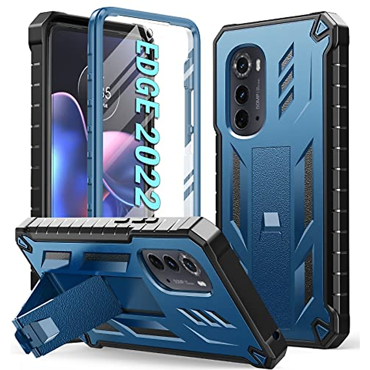 FNTCASE for Motorola Moto Edge 2022 Case: Drop Proof Protection Cover with Kickstand | Matte Textured Shockproof TPU | Military Grade Protective Sturdy 5G Phone Case - Blue(Not for Edge 2021)
