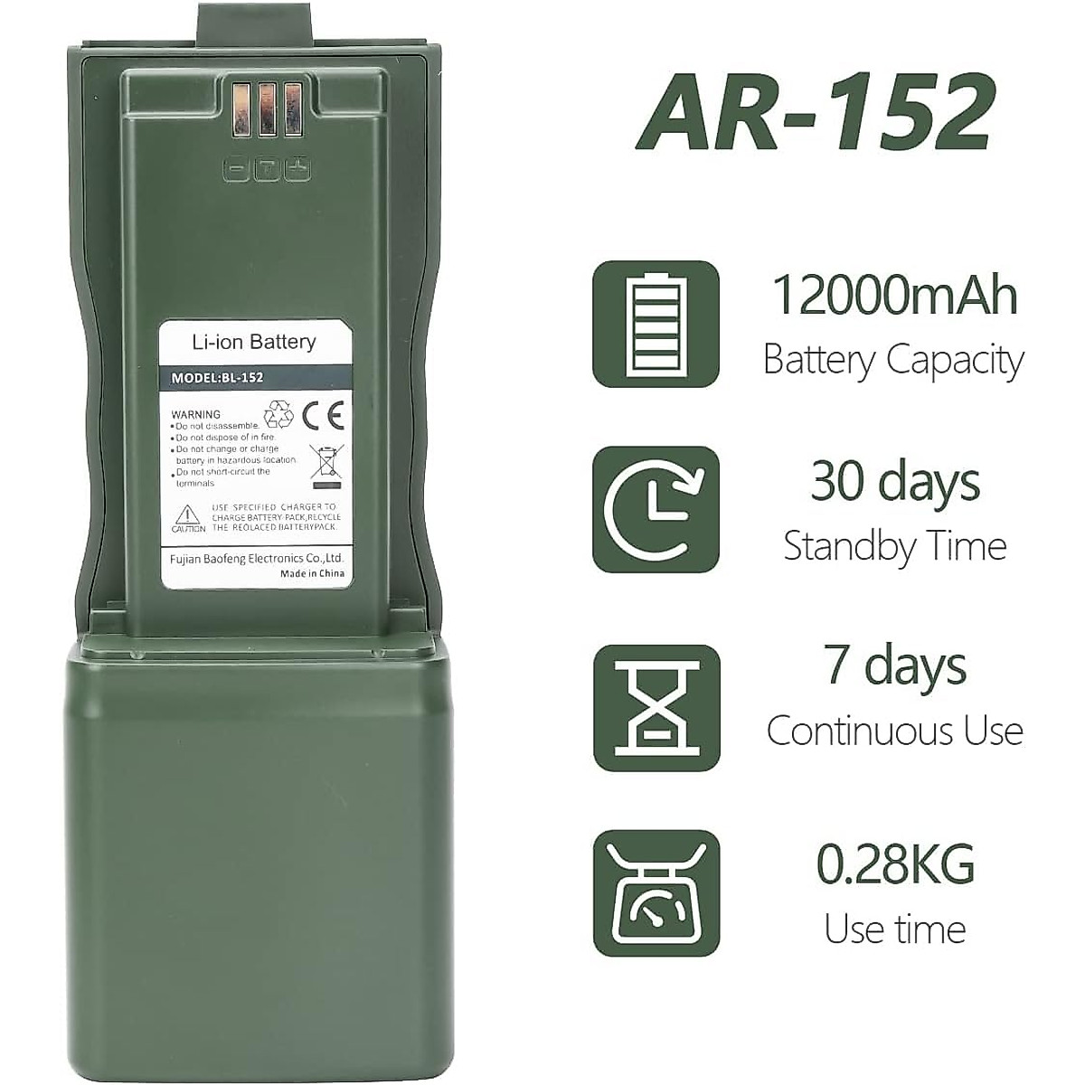 Baofeng AR-152 Original Battery BL-152 Li-ion Extend Battery Large Capacity Compatible with AR-152 Tactical Walkie Talkie Support USB Charger(2Pack,Green)