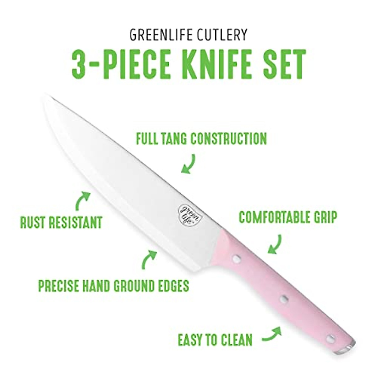 GreenLife High Carbon Stainless Steel 3 Piece Knife Set with Covers, Includes Chef Utility and Pairing, Comfort Grip Handles,Triple Rivet Cutlery, Soft Pink