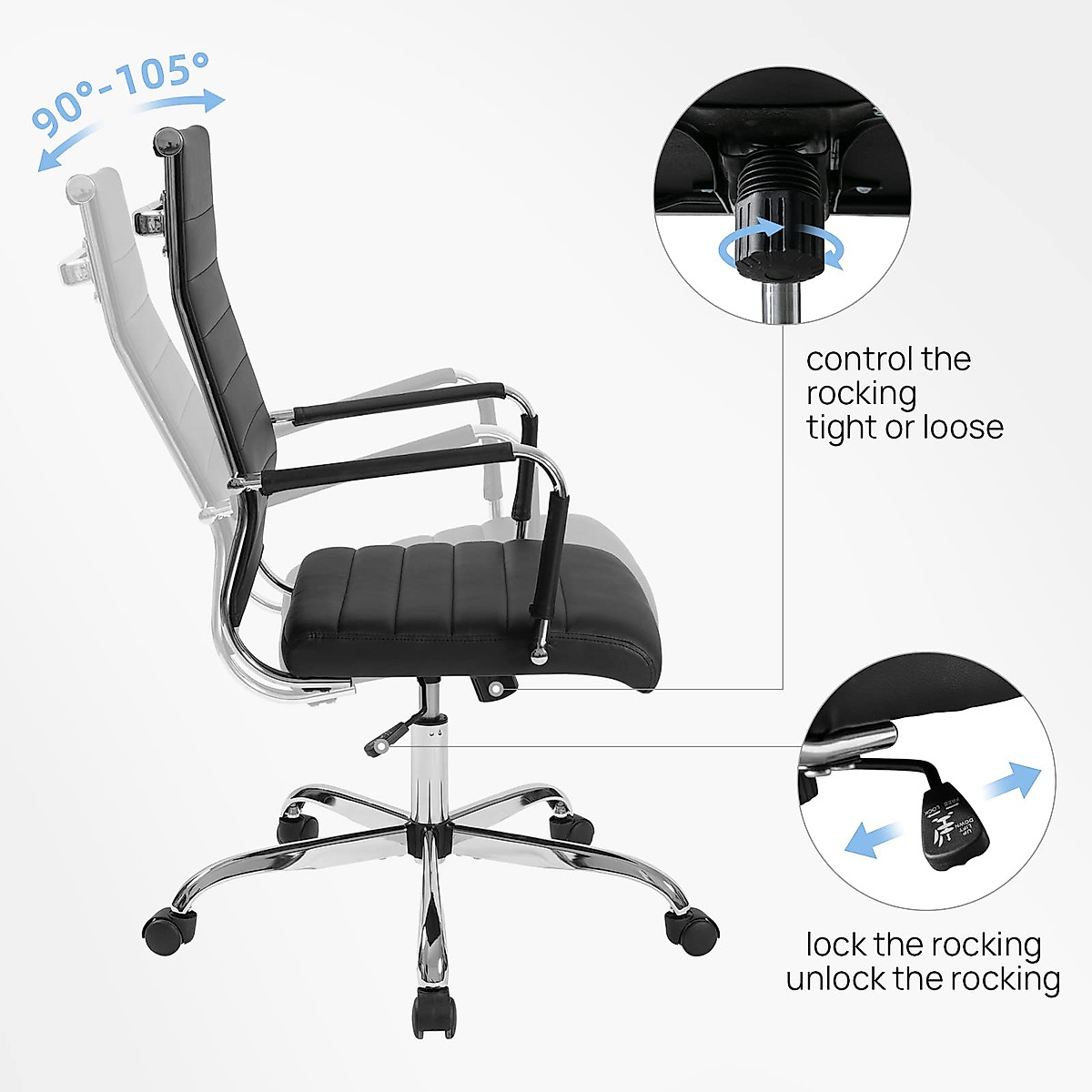Office Desk Chair with Wheels, Beatmart INC Ergonomic Black Leather Conference Room Chairs Height Adustable | Ribbed High Back | Swivel Rolling Task Chair
