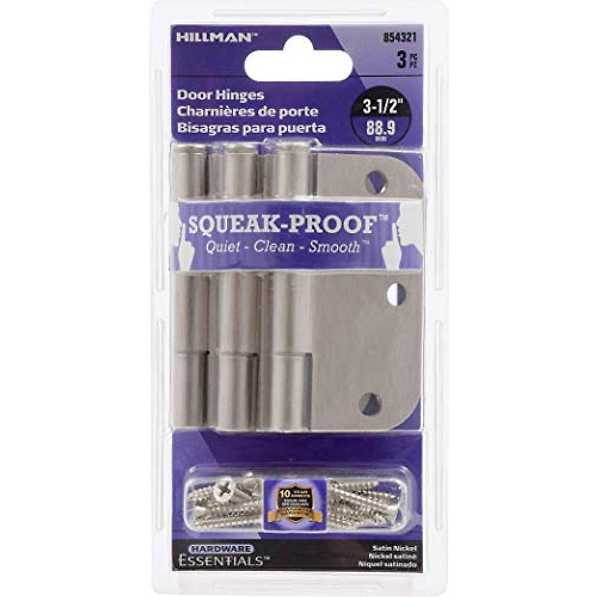 Hardware Essentials 854321 Round Corner Squeak-Proof Door Hinges, 3-1/2 inch, 3-1/2", Satin Nickel, 3 Pieces