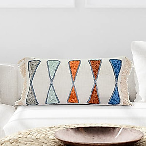 Bloomingville Rectangle Cotton Pillow with Embroidery & Fringe, Multicolored
