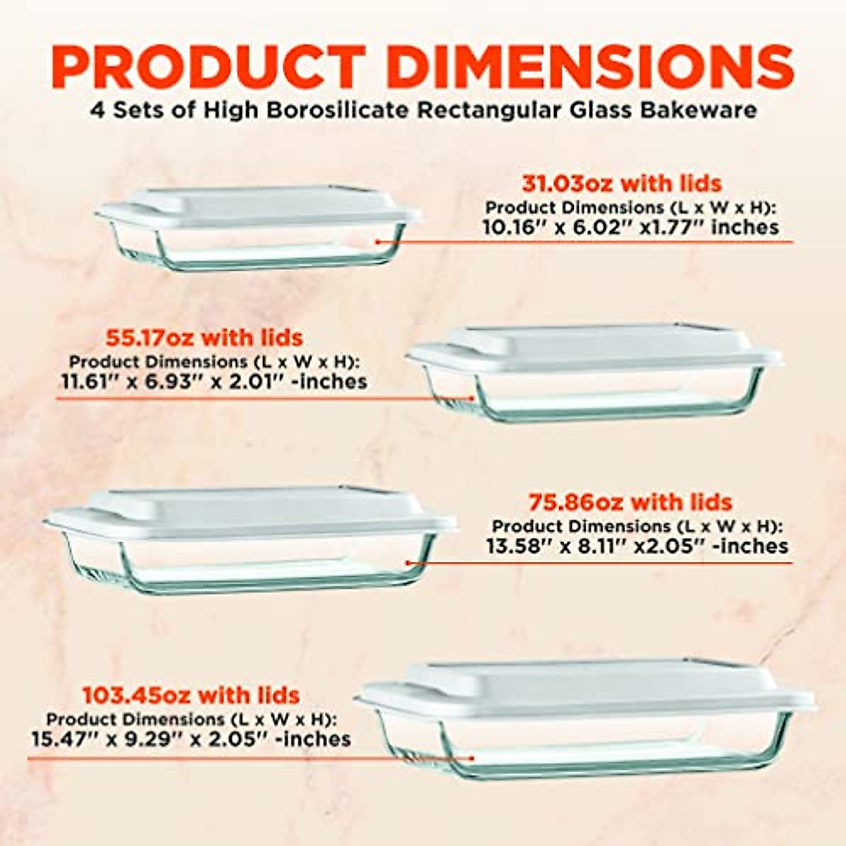 SereneLife Rectangular Glass Bakeware Set - 4 Sets of High Borosilicate with PE Lid, Heat-Resistant, Non-Slip Design, Convenient to Use & Easy to Clean, Elegant Design, Color White - SL4PBK22