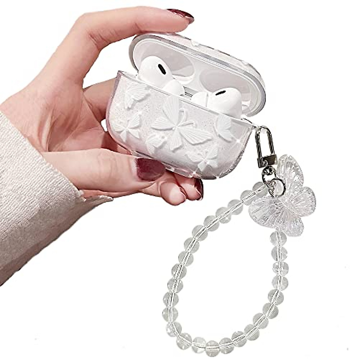 Srddty Compatible with AirPods Pro Case Cute Clear Glitter, Shockproof Soft TPU Protective Airpod Pro Case Cover for Girls Women with Keychain Designed for AirPod Pro 2019, Butterfly