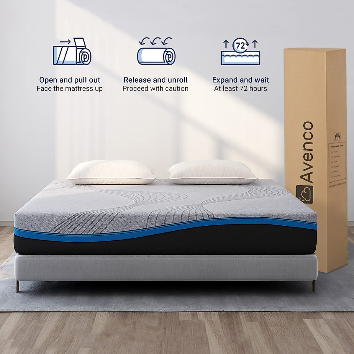Avenco King Mattress, Grey King Memory Foam Mattress, 10 Inch King Size Mattress in a Box with Skin-Friendly Cover, 2 Foam Layers for Cooling, Supportive & Pressure Relieving CertiPUR-US Certified