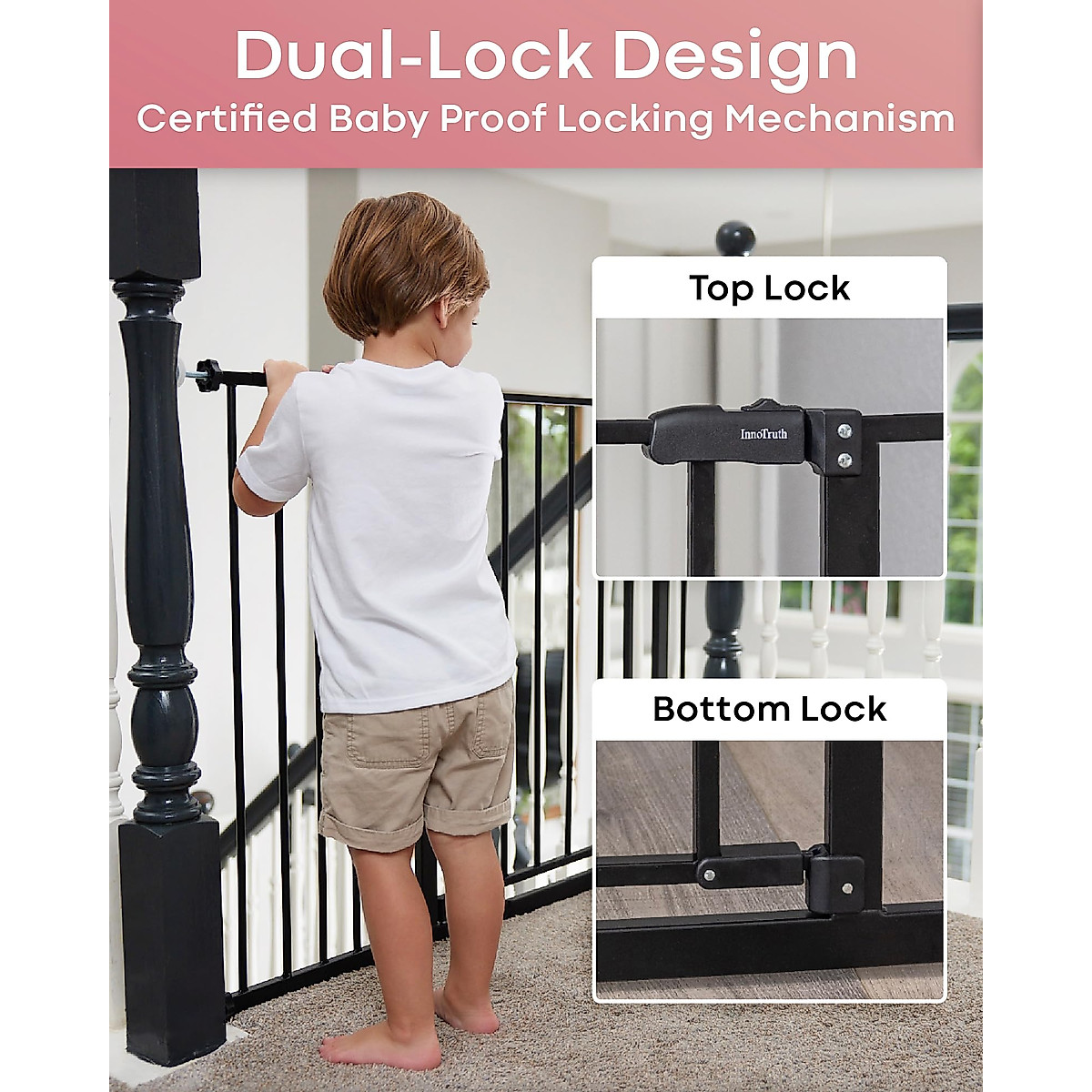InnoTruth 28.9-42.1" Wide Baby Gate for Stairs, 30" Tall Dog Gates for Doorways Expandable One-Hand Open, Easy Walk Through Dual Lock Metal Pet Gates for Dogs, Black-Family & Mom's Choice Award Winner