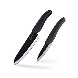 KAWA 2 Piece Premium Ceramic Knife Gift Set with Sheaths, 6-Inch Santoku and 3-Inch Paring Knife, Black Blade Mirror Finish