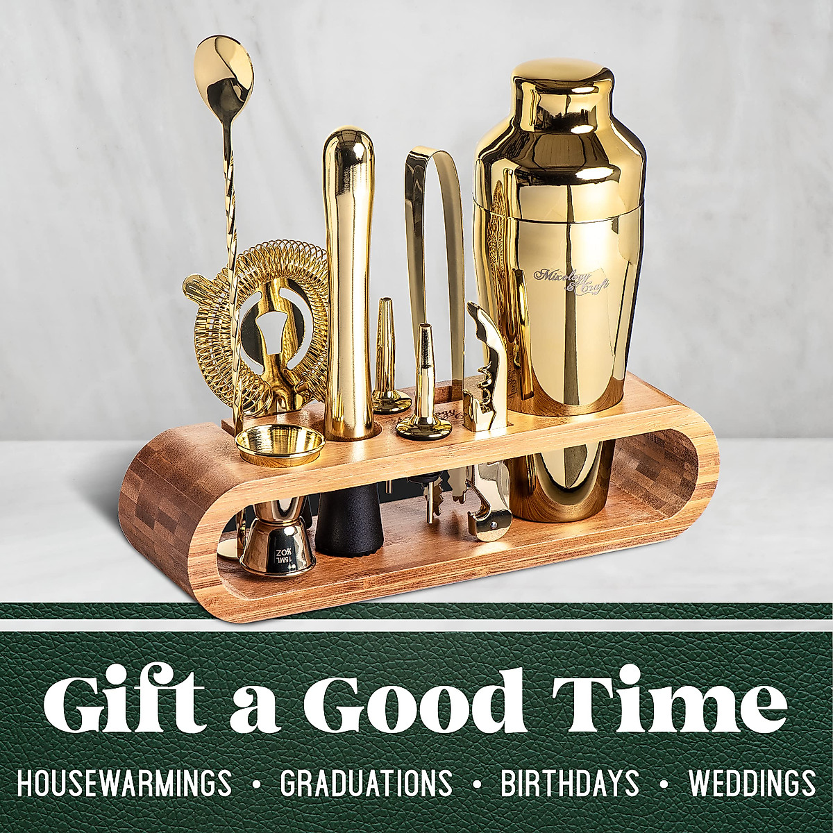 Mixology Bartender Kit: 10-Piece Bar Tool Set with Bamboo Stand | Perfect Home Bartending Kit and Martini Cocktail Shaker Set For a Perfect Drink Mixing Experience | Fun Housewarming Gift (Gold)