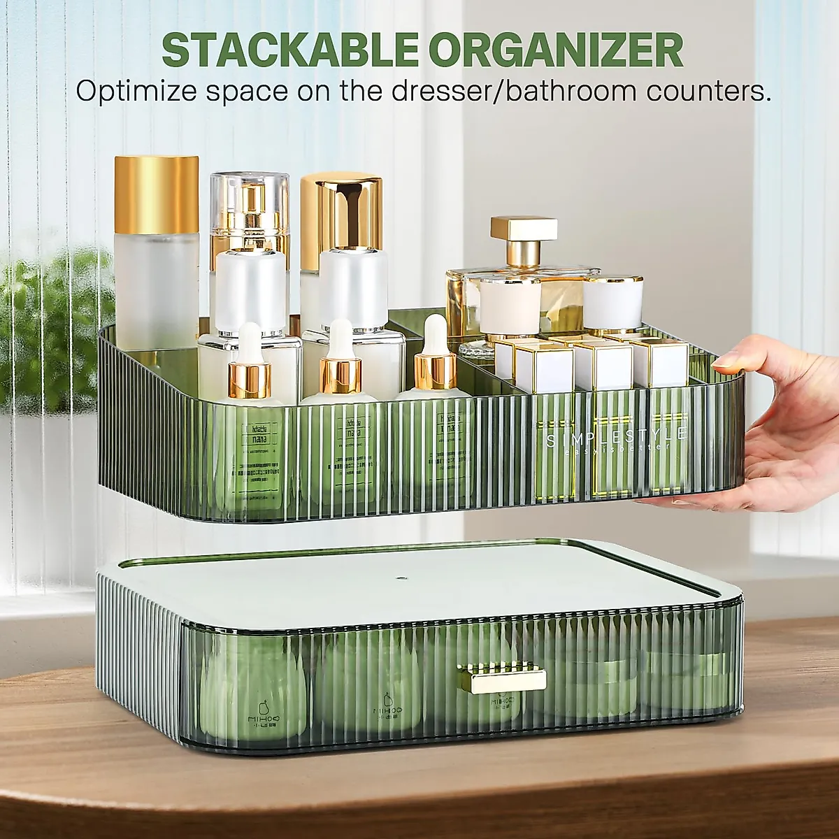 Makeup Organizer with Drawer, Large Capacity Countertop Organizer for Vanity, Bathroom and Bedroom Desk Cosmetics Display Case for Lotions, Brushes, Perfumes, Eyeshadow, Lipstick and Nail Polish