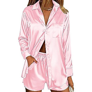 SWOMOG Casual Pink Outfits Button Down Pajamas Pjs Women's Silk Satin Long Sleeve Shirts and Shorts 2 Piece Lounge Sets