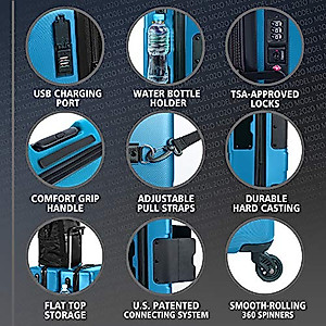 TACH V3 Hard Shell Carry On Luggage 22x14x9 | Carry on Luggage with Spinner Wheels & Patented Built-In Connecting System | One Piece Rolling Suitcase Links 6 Bags At Once (Blue)