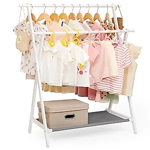 Cozivolife Kids Clothing Rack with 2 Hanging Rods and 4 Hooks, Kids Dress Up Rack with Bottom Storage Shelf, Child Garment Rack, Small and Foldable, Bamboo (White)