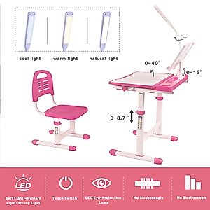 Napfox Desk for Kids Desk and Chair Set Kids Art Desk Drafting Table Desk Set with Adjustable Height, 40-Degree Tiltable Children Desktop, LED Light,Bookstand,Pink