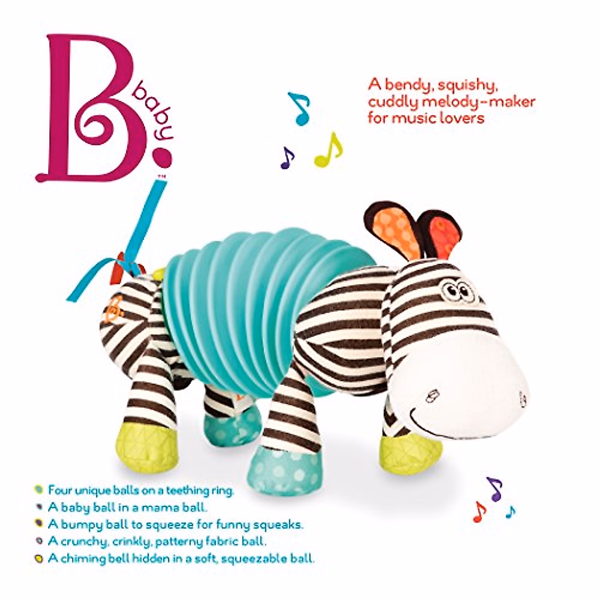 B. baby – Sensory Zebra Plush – Zebra Accordion – Interactive Stuffed Animal – Musical Baby Toy – 6 Months + – Squeezy Zeeby