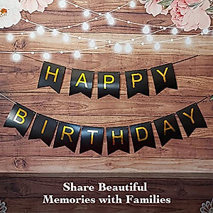 Large Happy Birthday Banner 6.3&7.8 inches Happy Birthday Bunting Banner with Shiny Gold Letters Black & Gold Birthday Party Decorations for Any Ages's Party Supplies with 13 Cards, a Ribbon