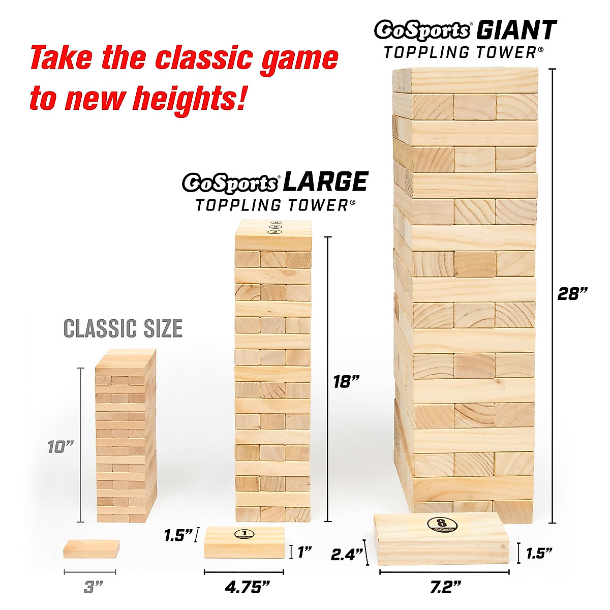 GoSports Giant Wooden Toppling Tower - Stacks Up to 5 ft - Natural Wood