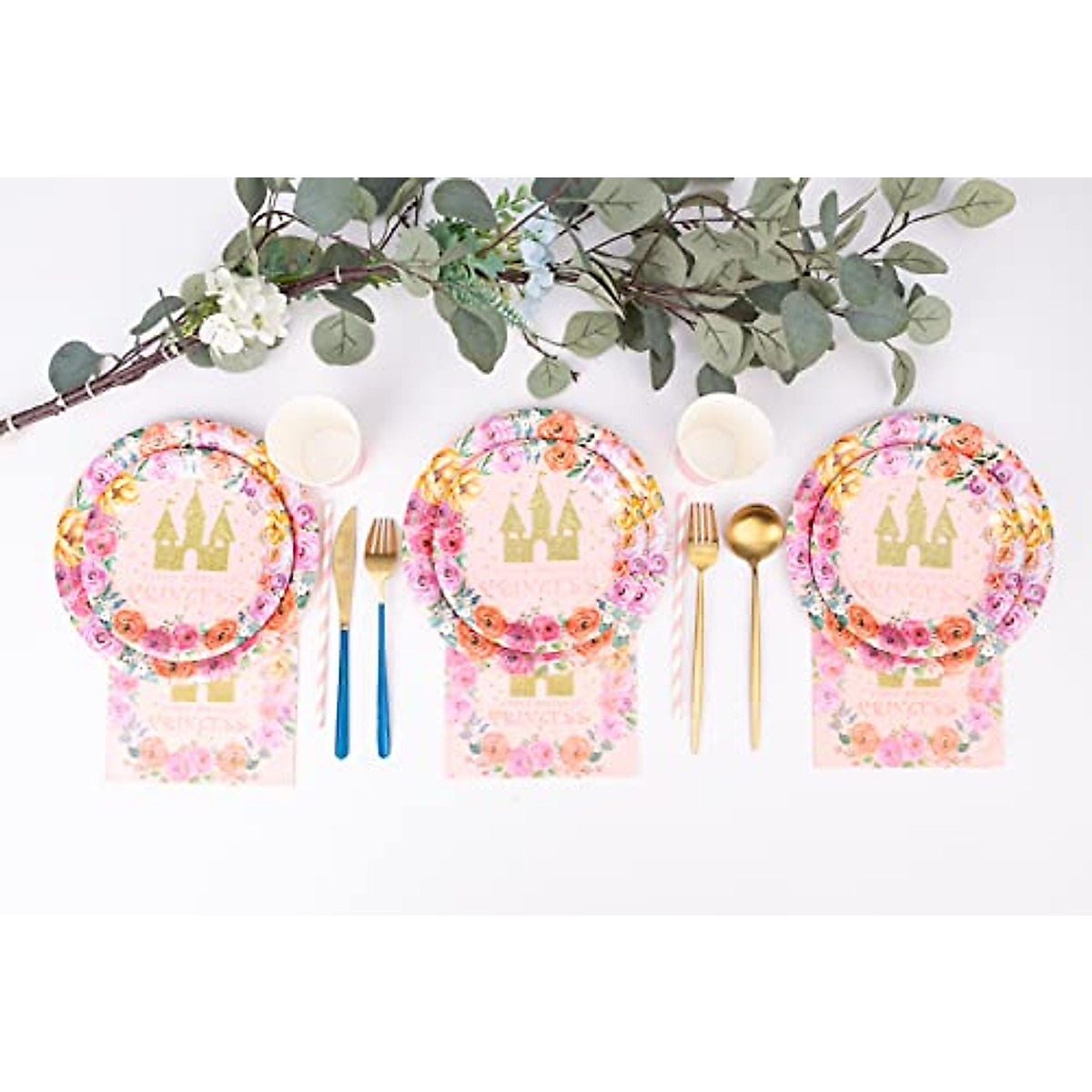 Princess Party Supplies-Princess Party Tableware Set Include Princess Castle Plates, Napkins, Cups Straws for Girls Princess Baby Shower Decorations Serves 10