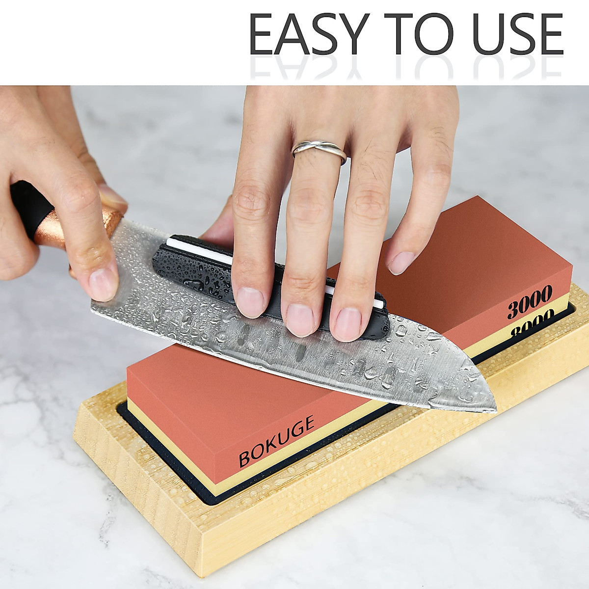 Knife Sharpening Stone, BOKUGE Professional Whetstone Knife Sharpener, 4 Side Grit 400/1000 3000/8000, Complete Knife Sharpening Kit with Non-Slip Bamboo Base, Honing Guide, Polishing Combination
