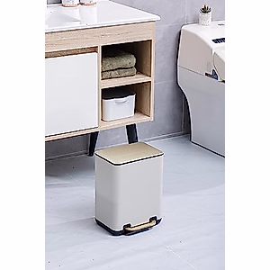 SunnyPoint 6 Liter / 1.58 Gallon Trash Can with Plastic Inner Buckets; Rectangle Bathroom, Office, Kitchen, and Bedroom Step On and Slow Close (WHT+Gold)