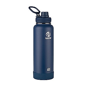 Takeya Actives Insulated Stainless Steel Water Bottle with Spout Lid, 40 Ounce, Midnight Blue & Actives Straw Lid for Insulated Water Bottle, Wide Mouth, Black