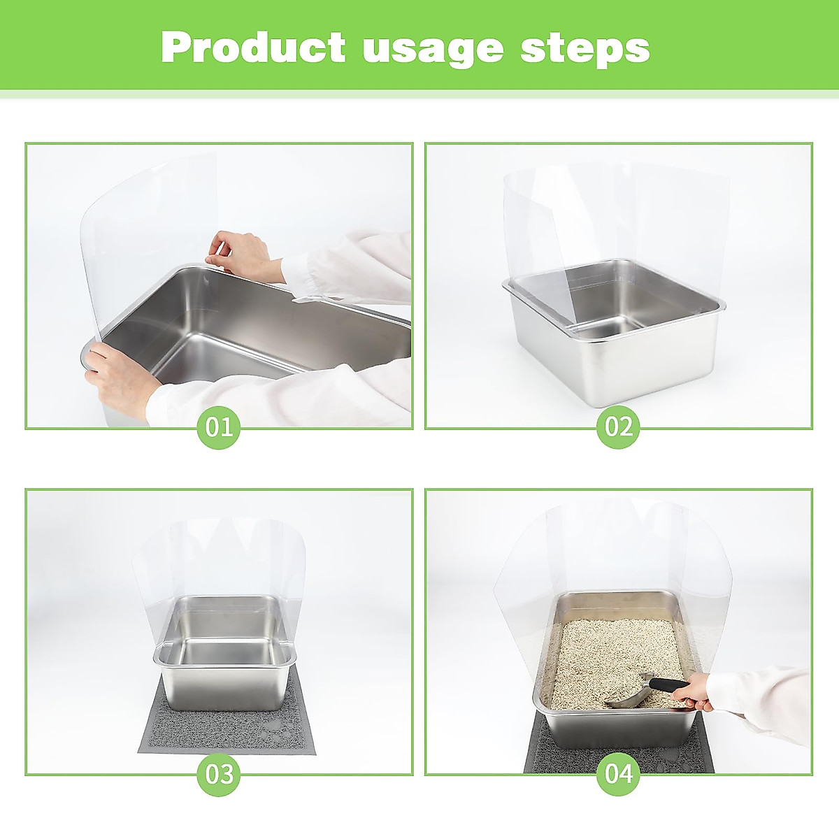 Rypet 2 Set Stainless Steel Litter Box，Rust Proof Metal Cat Litter Tray，Durable Kitten Litter Box with 2 Cat Litter Scoop，6 Litter Pee Splash Guard and 2 Cat Litter Mat，Easy to Clean(17.5"*13.6"*6")