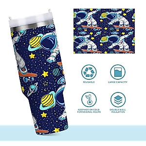 RPLIFE Cartoon Astronaut Skateboarding Blue 40 Oz Tumbler with Handle and Straw, Stainless Steel Tumbler with Straw, Coffee Tumbler for Women