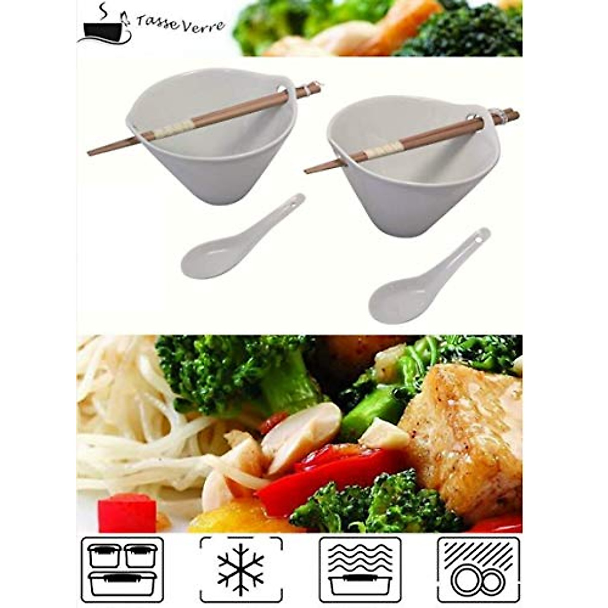 Tasse Verre Porcelain Noodle Soup Bowl w/Bamboo Chopsticks and Ceramic Spoon 20 oz, 2-Pack