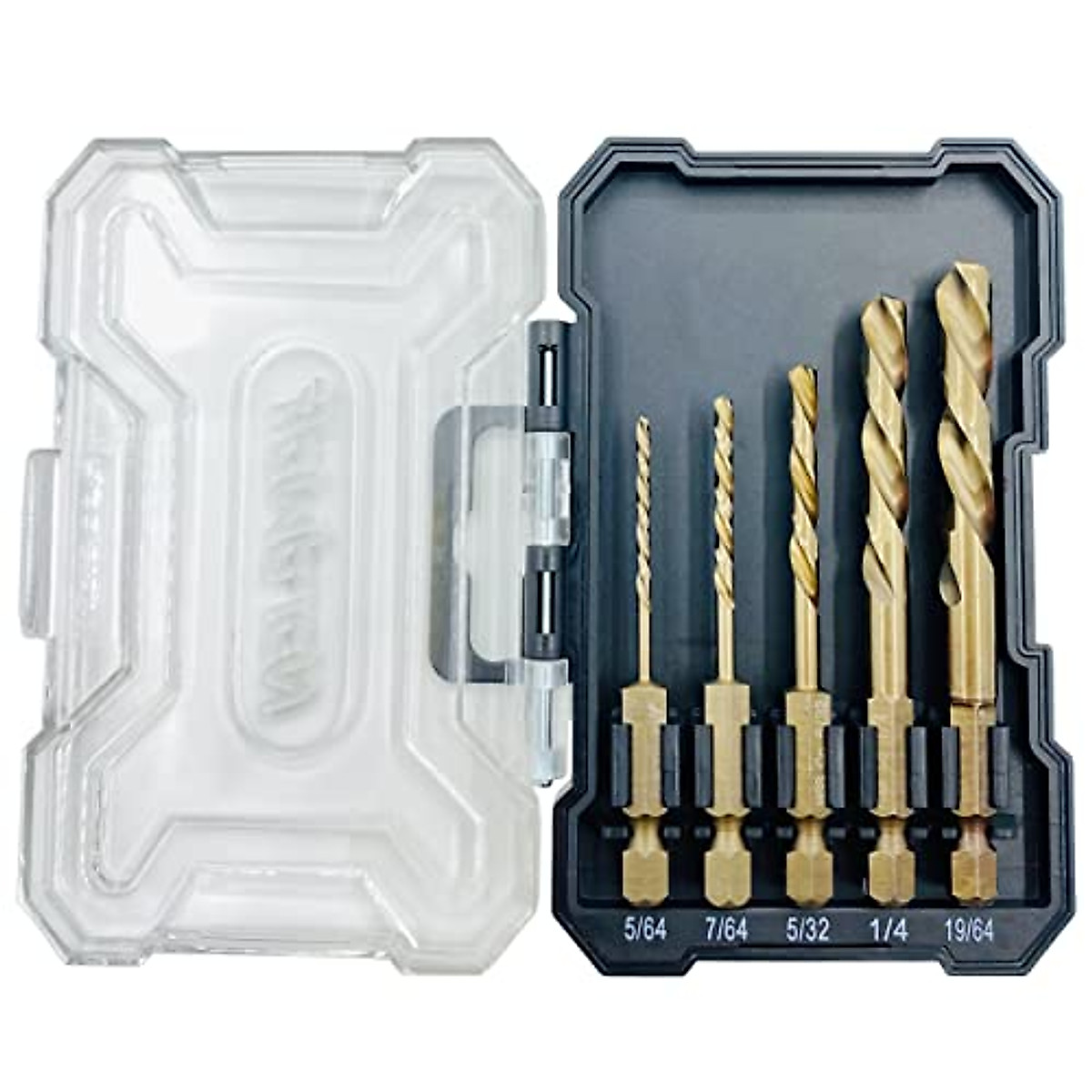 NordWolf 5-Piece Cobalt Alloy Steel Left Hand Drill Bit Set, Reverse Twist with 1/4" Hex Shank for Screw Extractors, SAE Sizes 5/64"-7/64"-5/32"-1/4"-19/64" in Storage Box