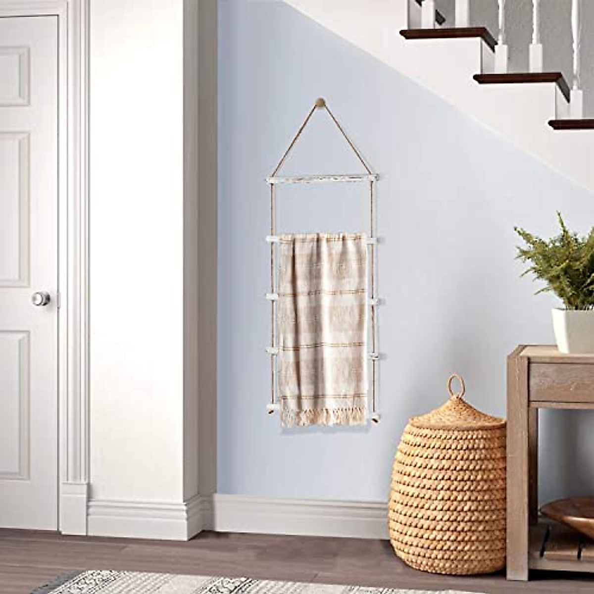 Towel Rack for Bathroom- 3.3-Foot Wall Hanging Whitewashed Wood & Rope Blanket Ladder with 5 Rungs for Farmhouse Room Decor (Whitewashed)