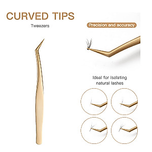 Eyelash Extension Tweezers, 3-Pack,Professional Stainless Steel Tweezers for Volume Lashes, Straight and Curved Tips for 3D-6D,Golden