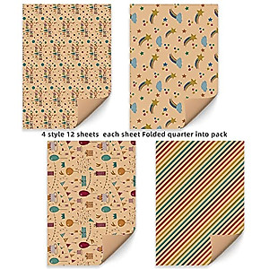 PlandRichW Birthday Wrapping Paper for Kids Girls Women Boys Men,12 Sheets Kraft Brown Recycled Gift Wrapping Paper 4 Styles of ''Happy Birthday'' Balloon Rainbow Stars Precut 20" X 29" Folded