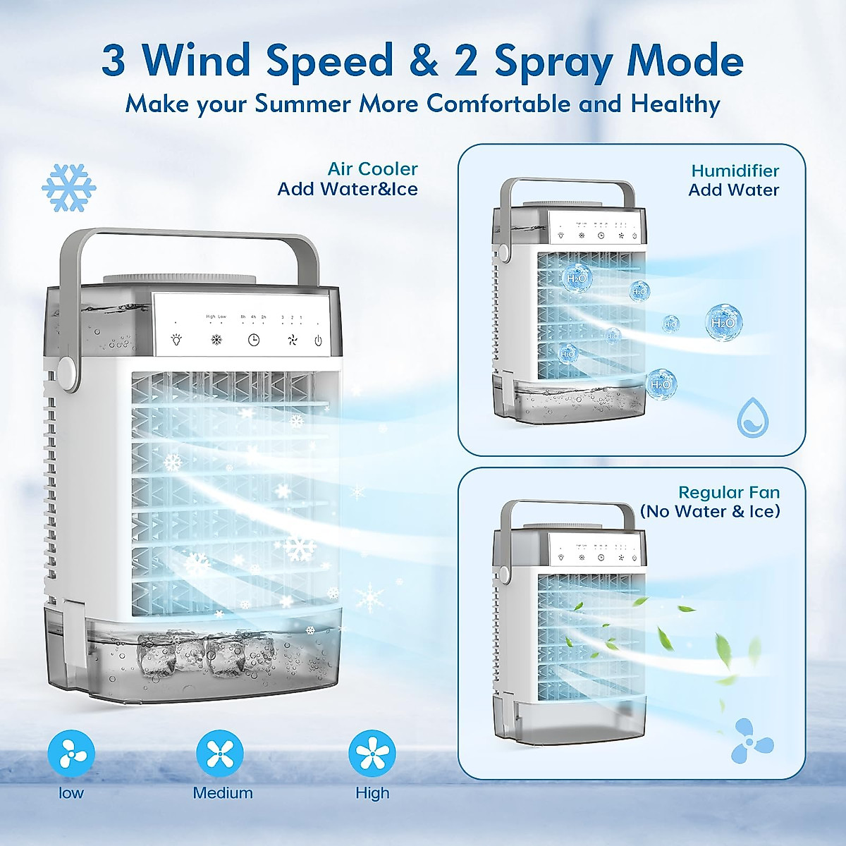 Portable Desk Fan,11 Inch Misting fan, 2 Mist mode, 3 Speed Mini USB Table Fan, with Timing Function,7 Color Night Light, Dual Water Tank, Cooling fan for Bedroom, Office, Camping-Gray