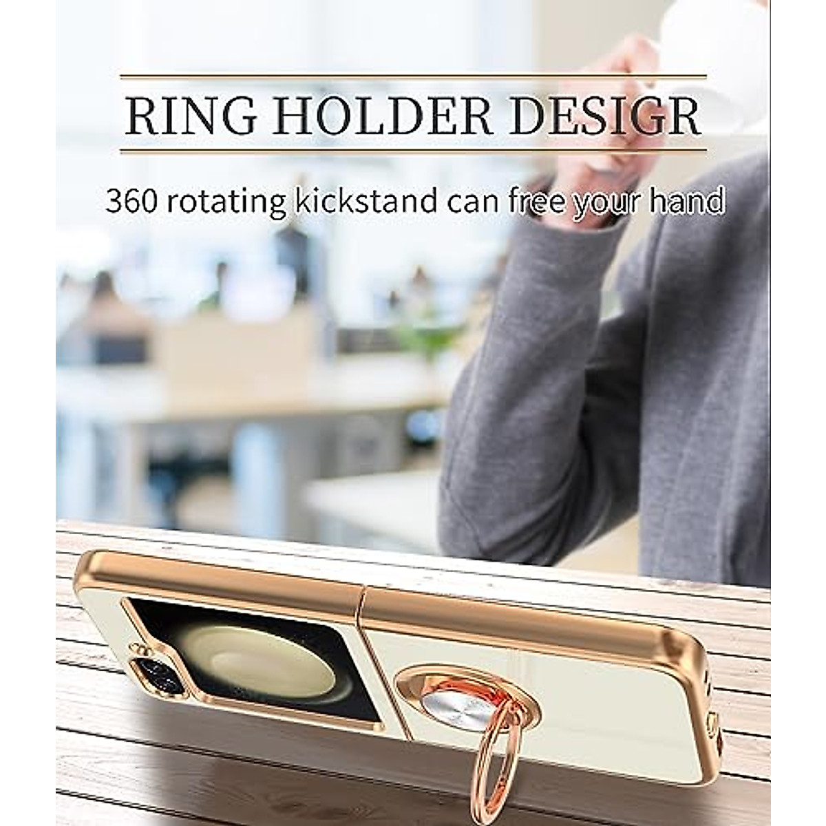 Dinick Compatible for Samsung Galaxy Z Flip 5 Case with Ring Holder Kickstand [with Magnetic] Soft TPU Shockproof Electroplated Protective Phone Case for Galaxy Z Flip 5 White