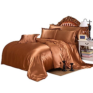 Versatile Bedding Queen Taupe Washed Soft Silky Satin, 4-Piece Bed Sheet Set (1 Zipper Closure Duvet Cover, 1 Fitted Sheet 21" Deep and 2 Pillowcase) Duvet Set - 4 PCs Duvet Cover Set