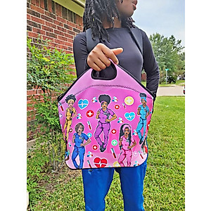 Reflections By Zana Large Pink Afro African American Women Neoprene Lunch Tote with Adjustable Shoulder Strap